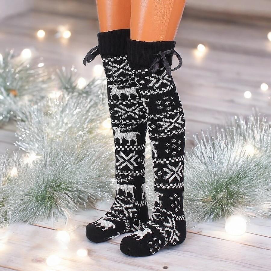 Черни коледни дамски 7/8 чорапи с елени