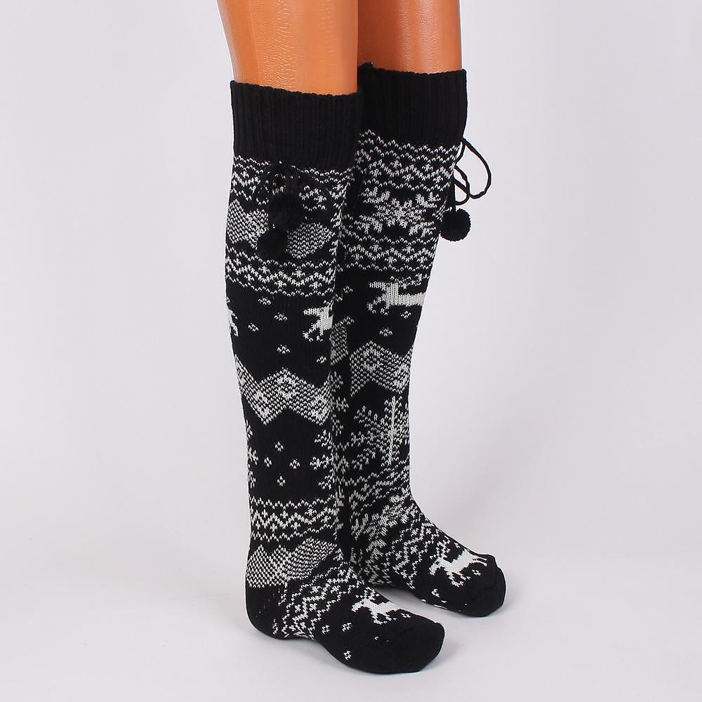 Черни коледни дамски 7/8 чорапи със снежинки и елени