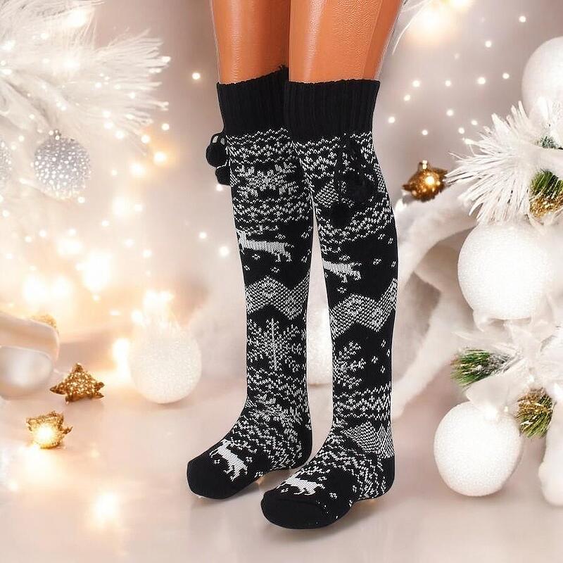 Черни коледни дамски 7/8 чорапи със снежинки и елени