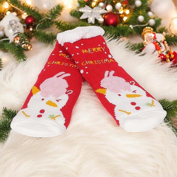 Червени коледни пухкави дамски чорапи със снежен човек