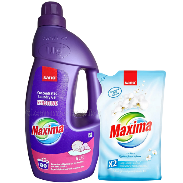 Sano Maxima Sensitive, 4 литра, 80 пр + Омекотител Bio, 1 литър ...
