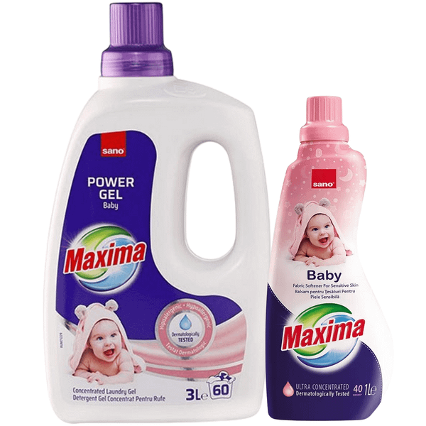 Sano Maxima Baby Power Gel, 3 л, 60 пр + Омекотител Baby, 1 л ...