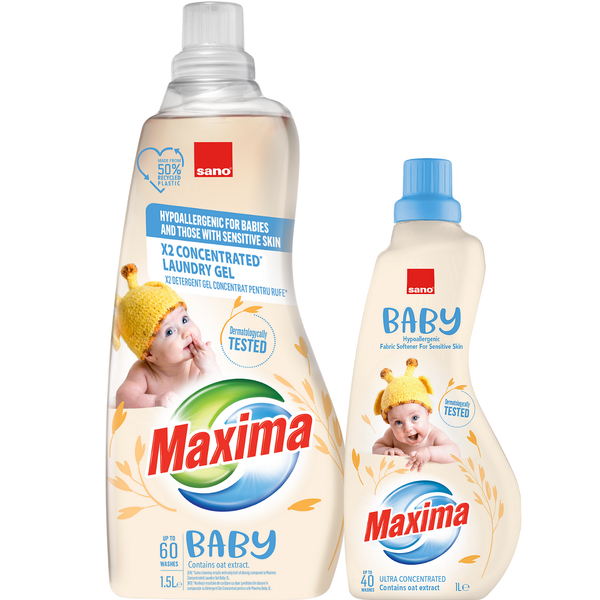 Sano Maxima Baby Hypoallergenic, 1,5 л, 60 пр + Омекотител Baby Oat, 1 ...