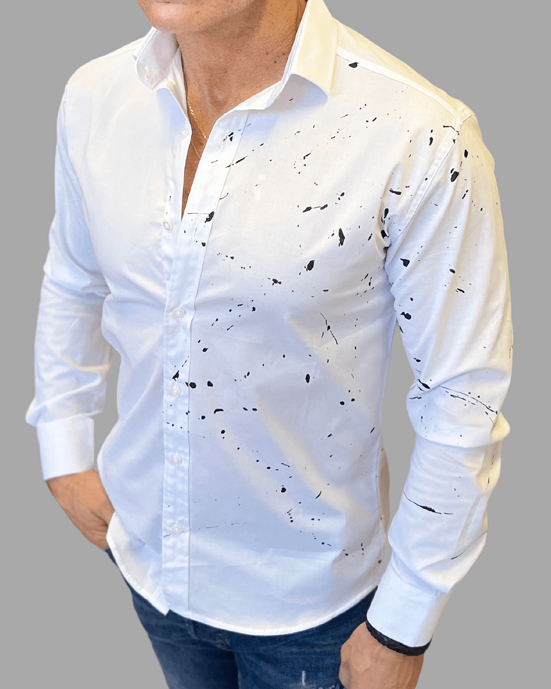 Мъжка риза - Minimal One side Splatter White shirt