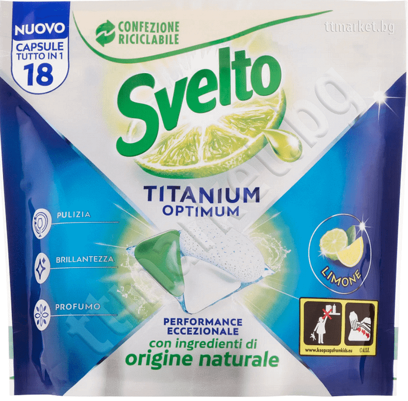 Svelto Titanium Optimum Натурални таблетки за съдомиялна с лимон 18 бр ...