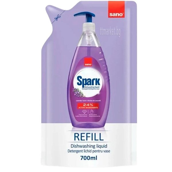 Sano Spark Dishwashing Liquid Lavender Scent Refill Веро за съдове с ...