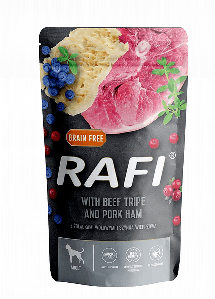 Rafi grain free Рафи вкусни хапки в сос за кучета от всички породи 500г. Телешко шкембе и ...