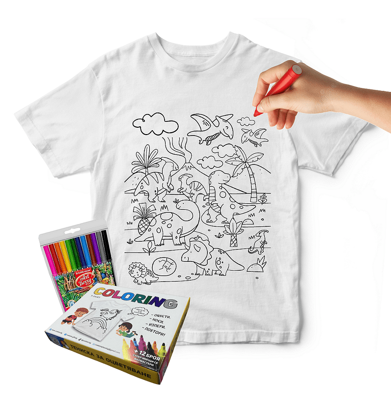 Детска тениска за оцветяване Динозаври