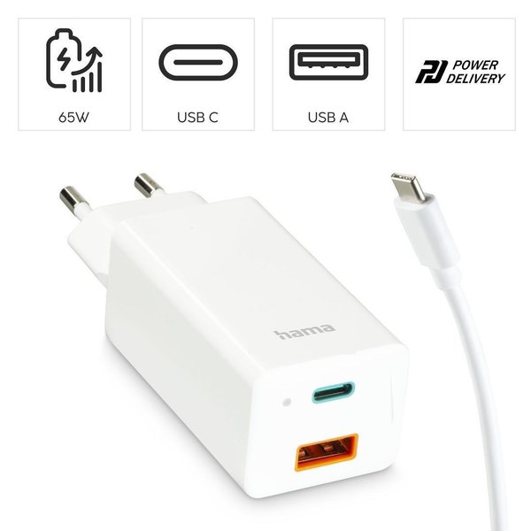 Универсално зарядно за лаптоп Hama USB-C, GaN, Power Del. (PD), 5-20V/65W