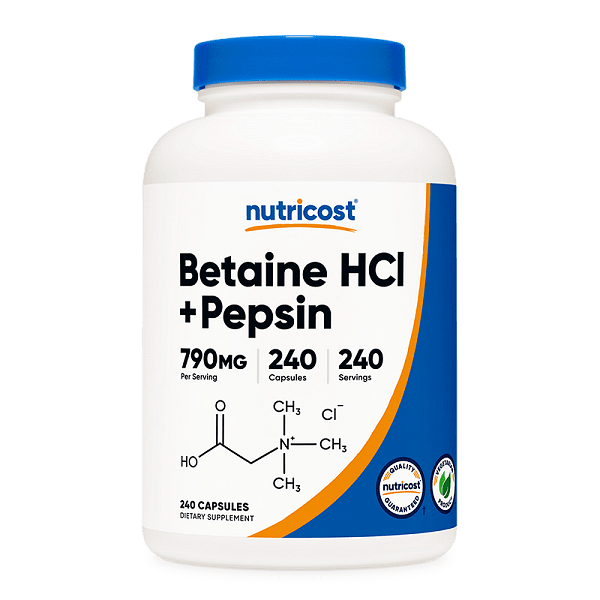 Nutricost, Betaine HCL + Pepsin/ Бетаин хидрохлорид + Пепсин, 240 капсули